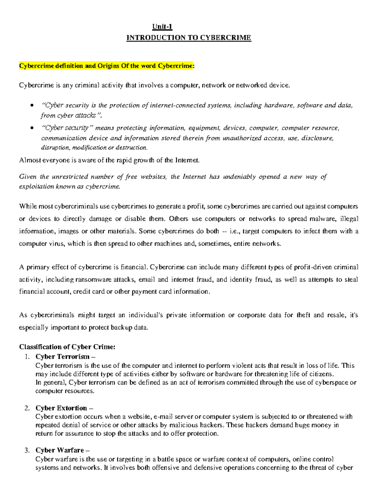 Unit-1: Cyber Security (4th Sem) - Comprehensive Notes on Cybercrime ...