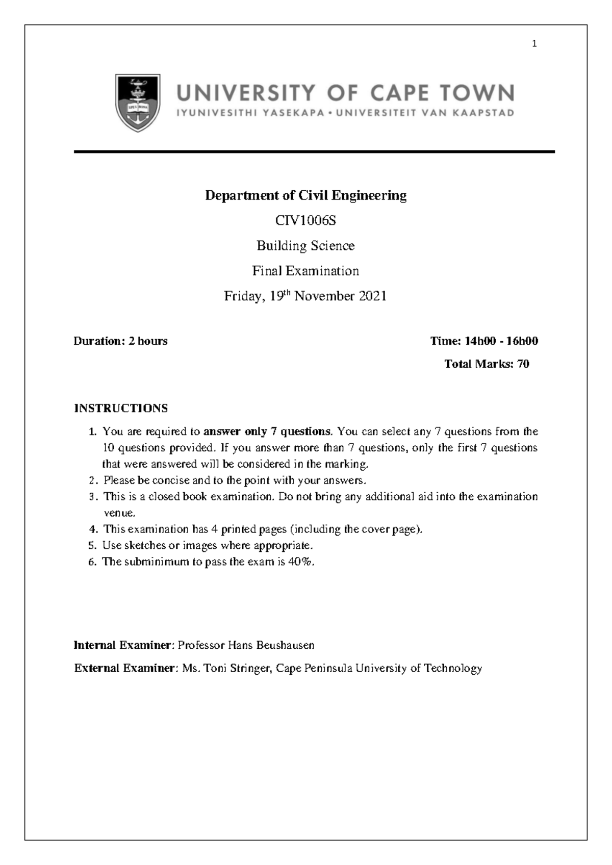 CIV 1006S Final Exam 2021: Building Science Questions and Guidelines ...