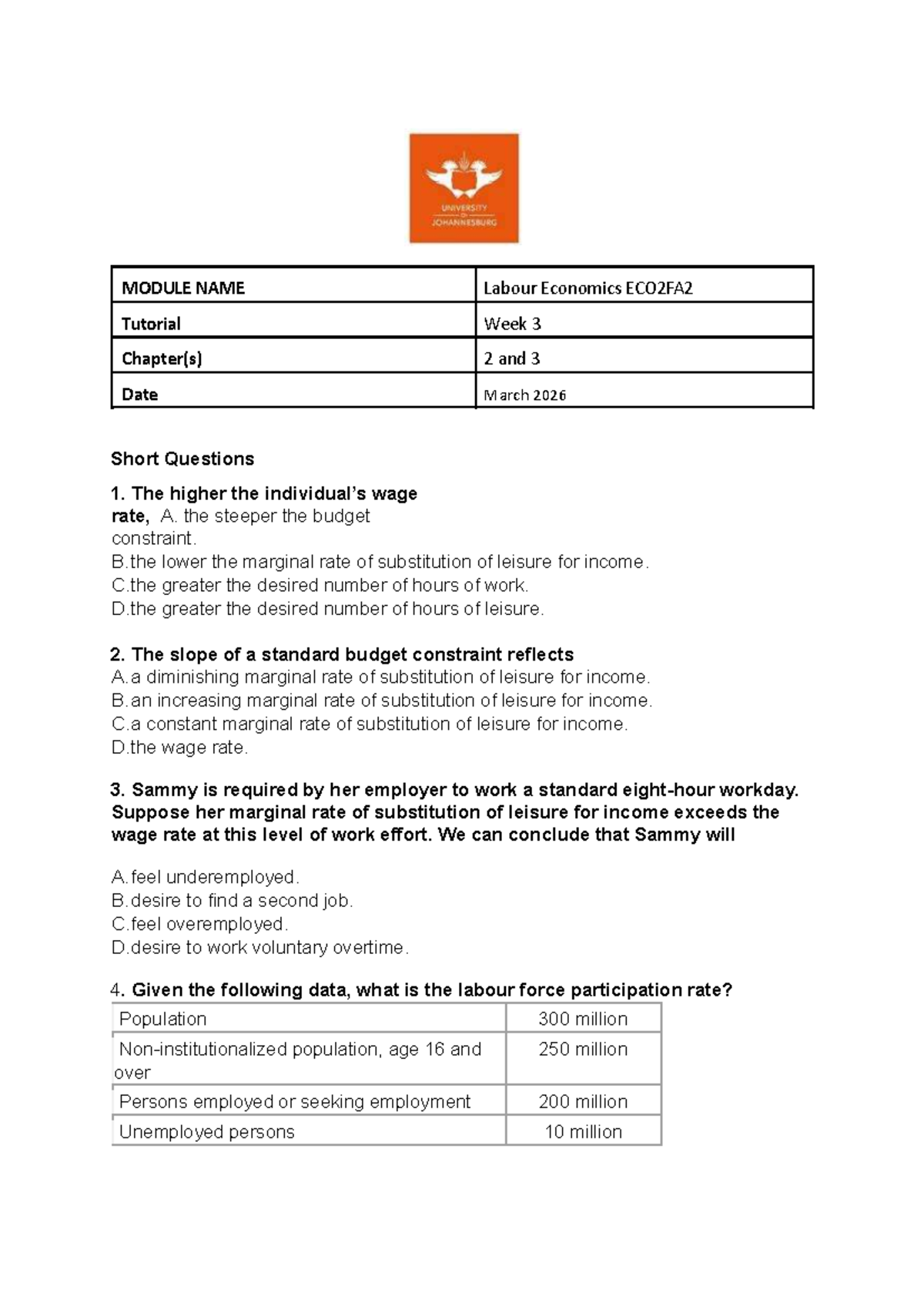 Labour Economics ECO2FA2 Tutorial Week 3: Short Qs & Long Qs - Studocu