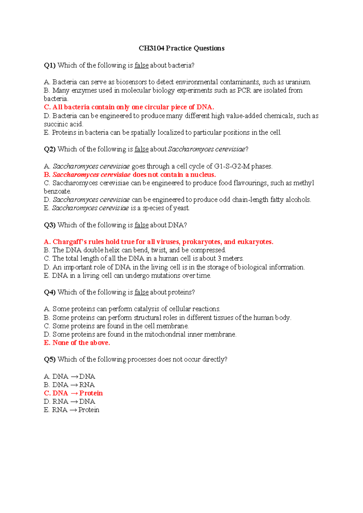 CH3104 Practice Questions & Answers on Bacteria, DNA, and Proteins ...