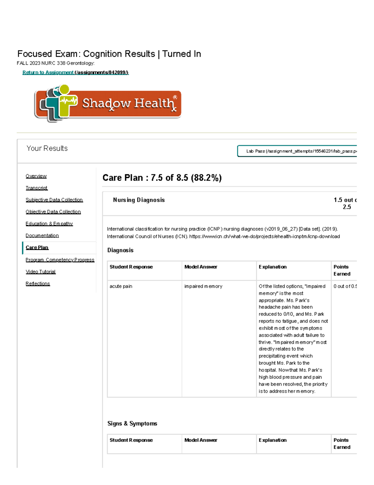 Shadow Health NURC 338 Cognition Care Plan for Esther Park (Fall 2023 ...