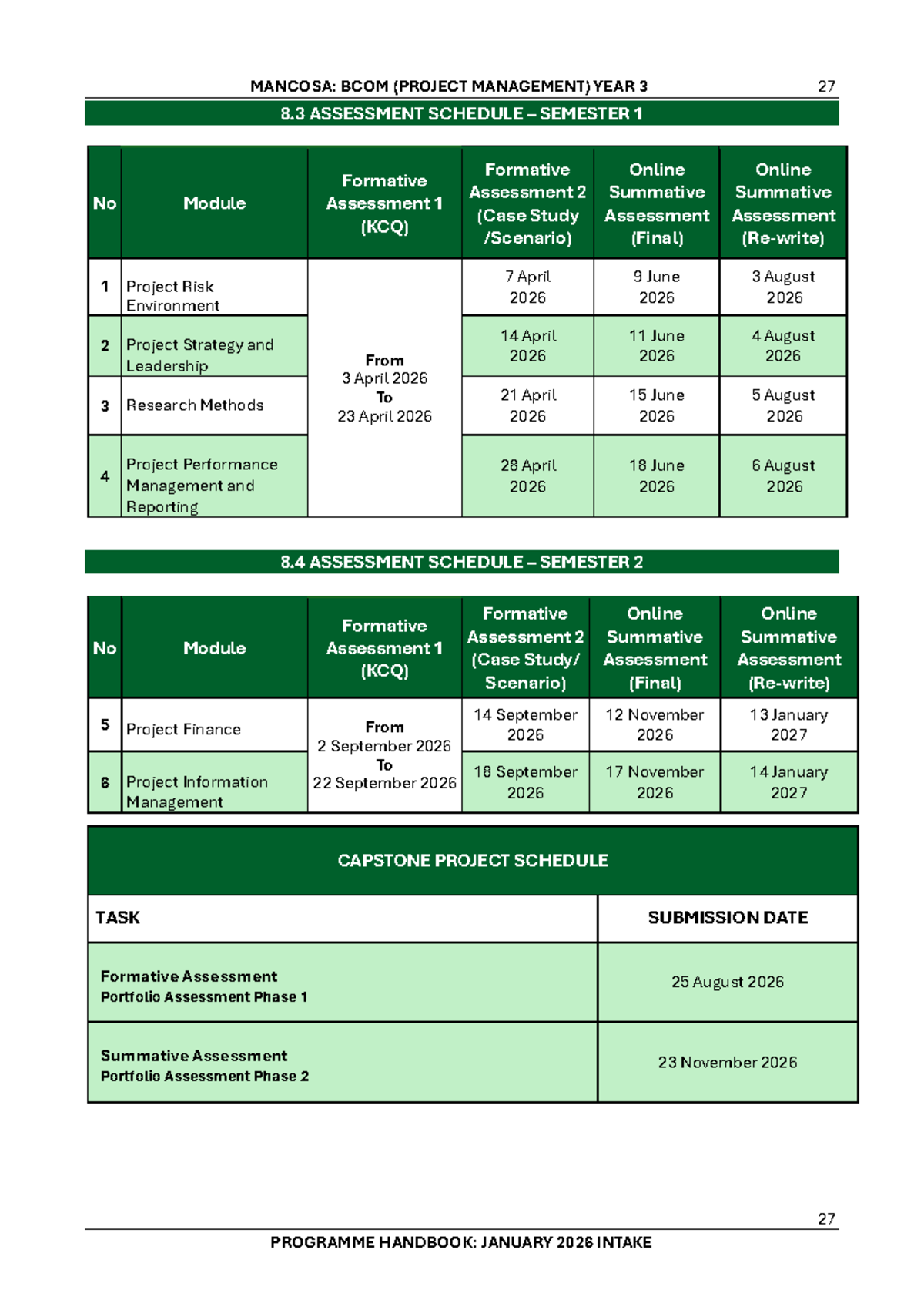 BCOM (Project Management) Y3 Jan 2026 Assessment Schedule - Sem 1 & 2 ...