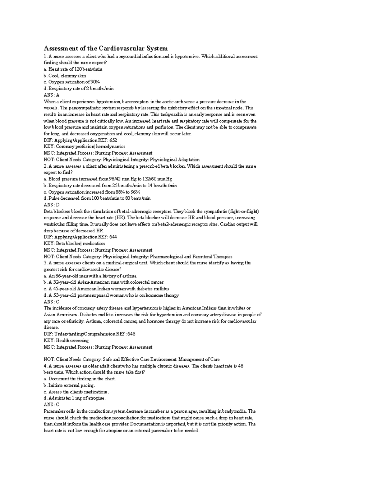 Exam 1 - Cardiovascular System Assessment and Nursing Interventions ...