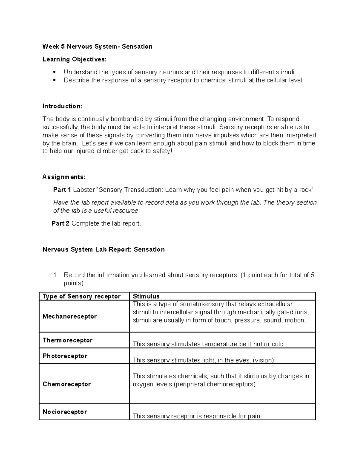 Nervous System Sensation Lab Report - Week 5 Assignment 252 - Studocu