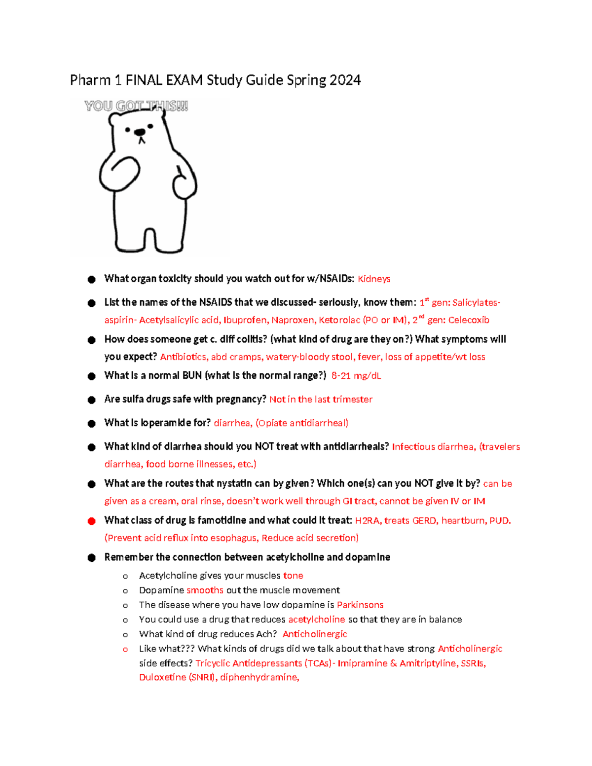 Pharm 1 FINAL EXAM Study Guide Spring 2024: Key Concepts & Drug Info ...