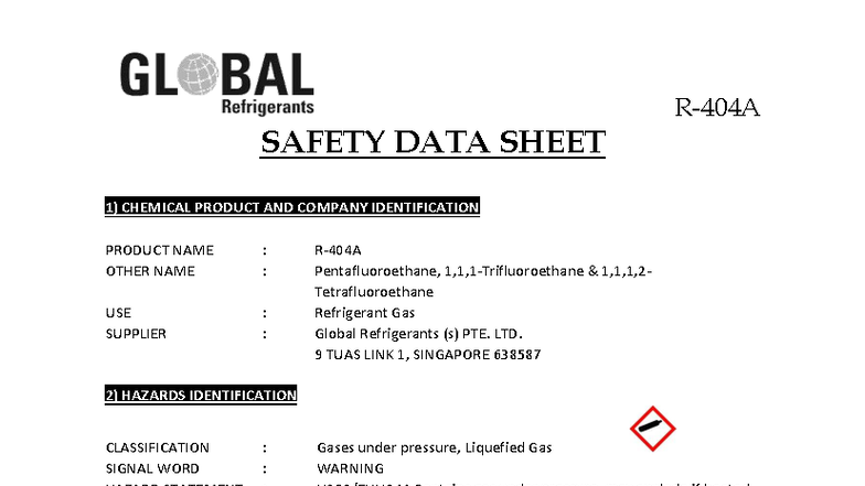SDS for Refrigerant Gas R-404A: Safety & Handling Guidelines - Studocu