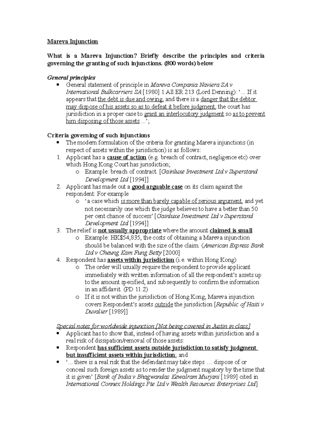 Mareva Injunctions: Principles and Enforcement Procedures (Law 201) - Studocu