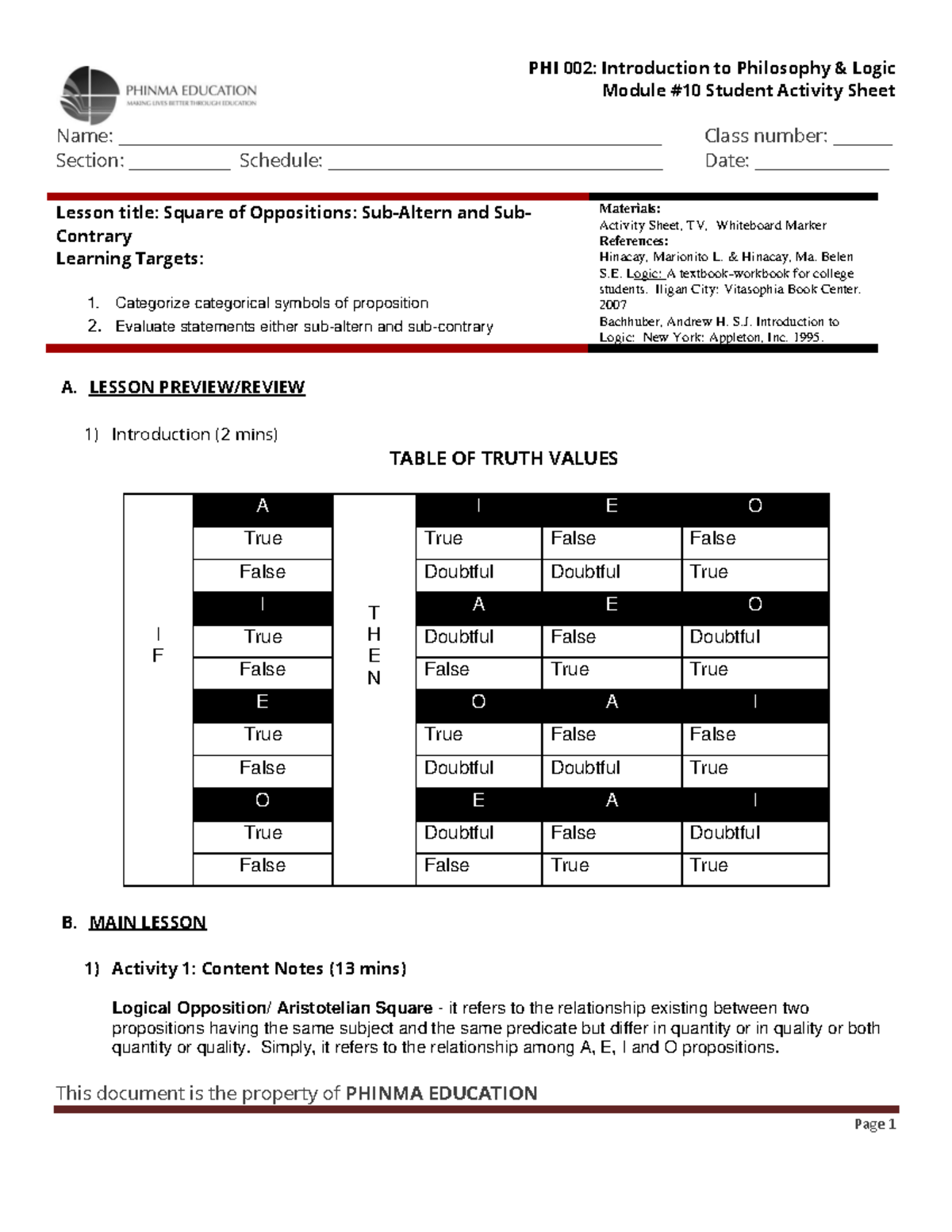 SAS 10 - Lesson 10: Square of Opposition - Activity Worksheet - Studocu