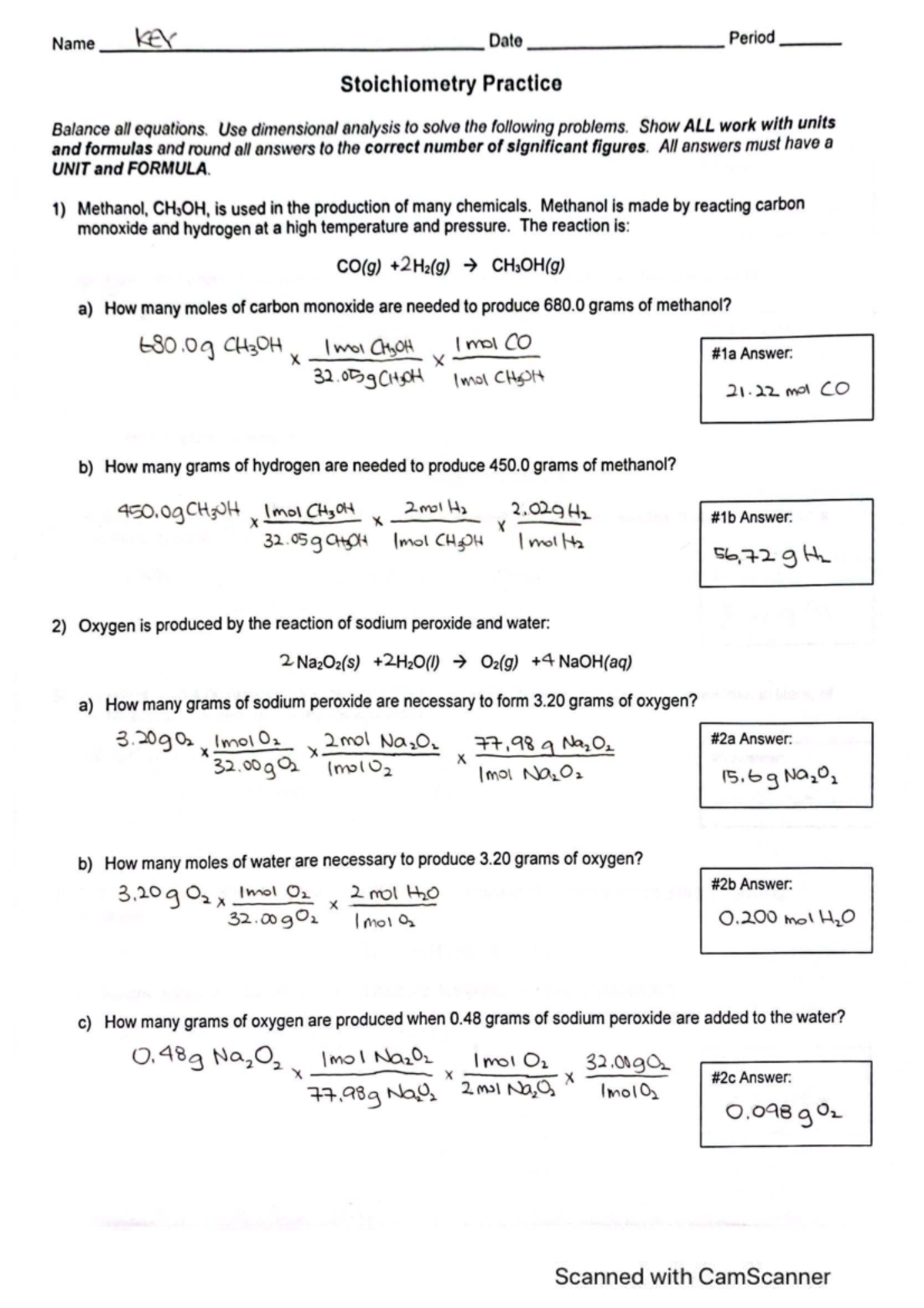 AAC Stoichiometry Practice Key: Balancing Equations & Dimensional ...