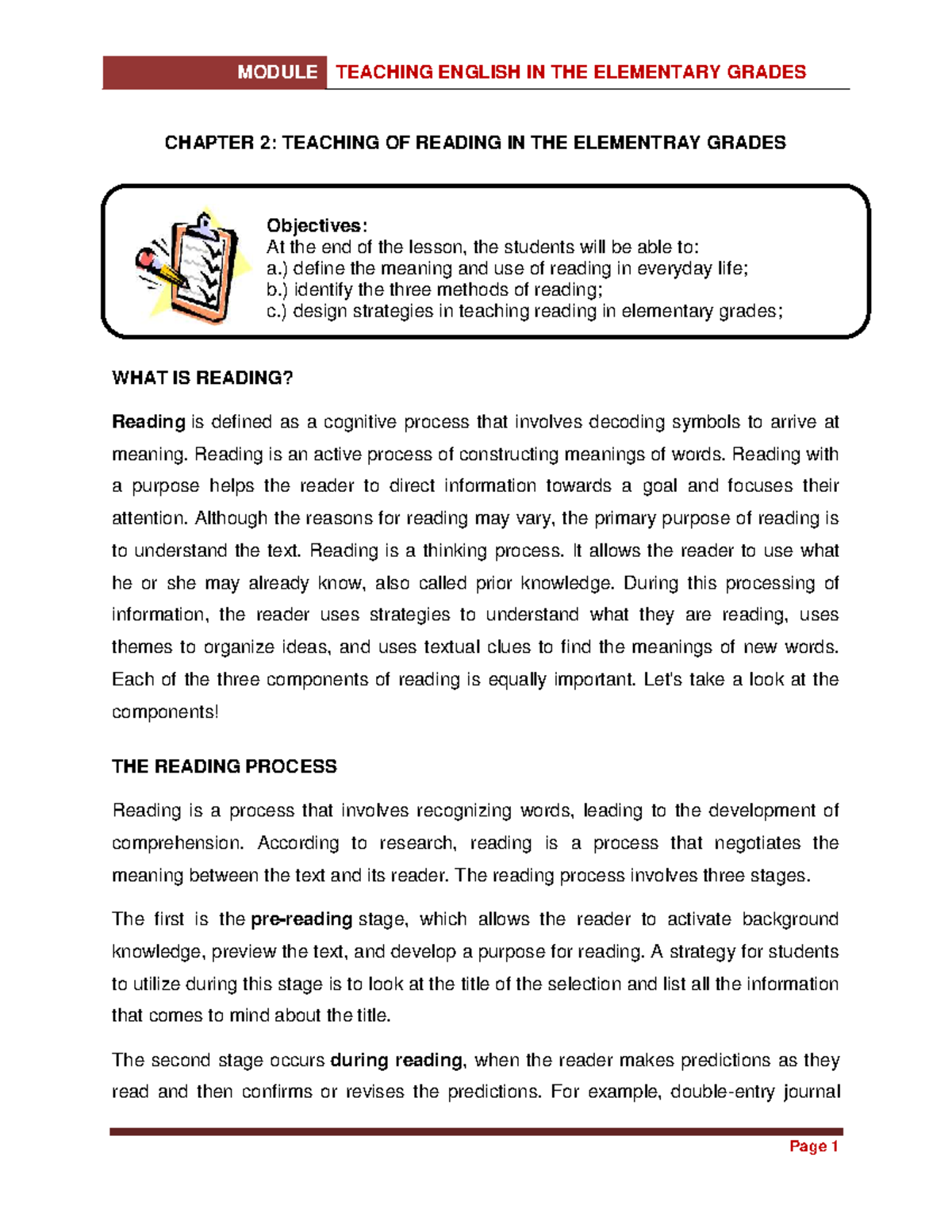 Teaching English in Elementary Grades: Reading Strategies (ENG 101 ...