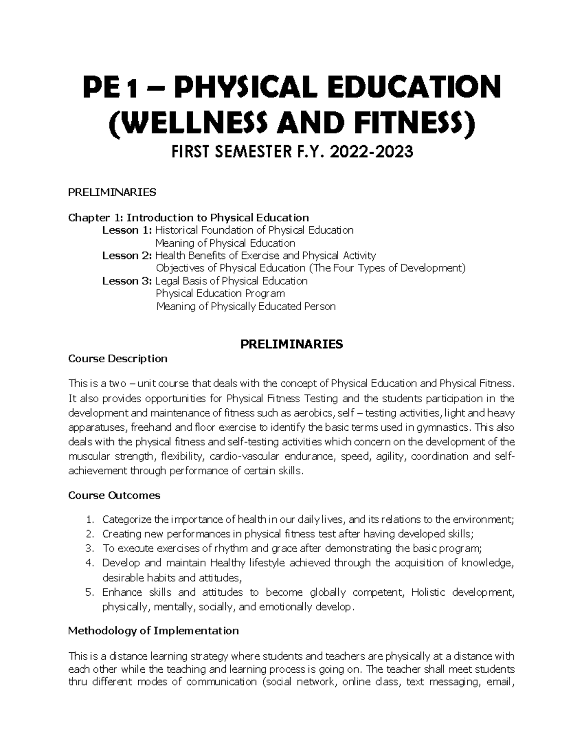 PE 1: Fitness and Wellness - First Semester Overview and Learning ...