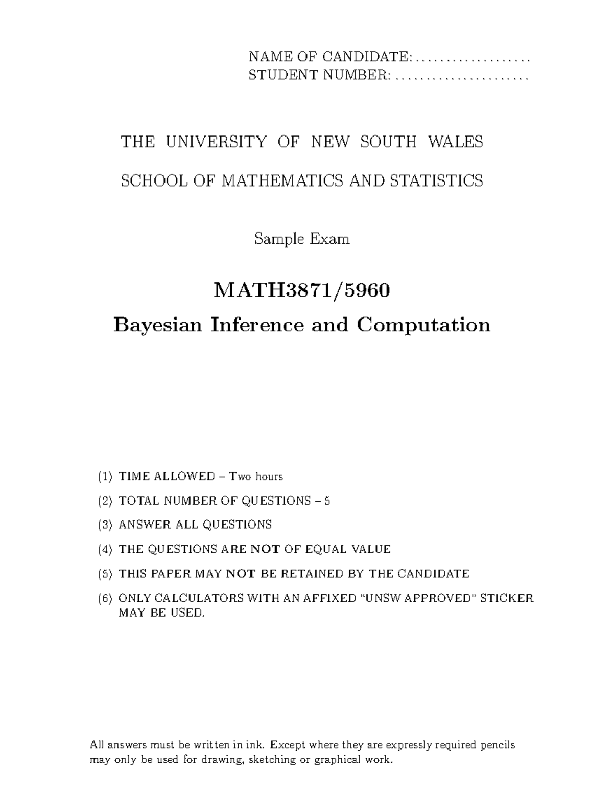 MATH3871 - Sample Exam on Bayesian Inference and Computation - Studocu