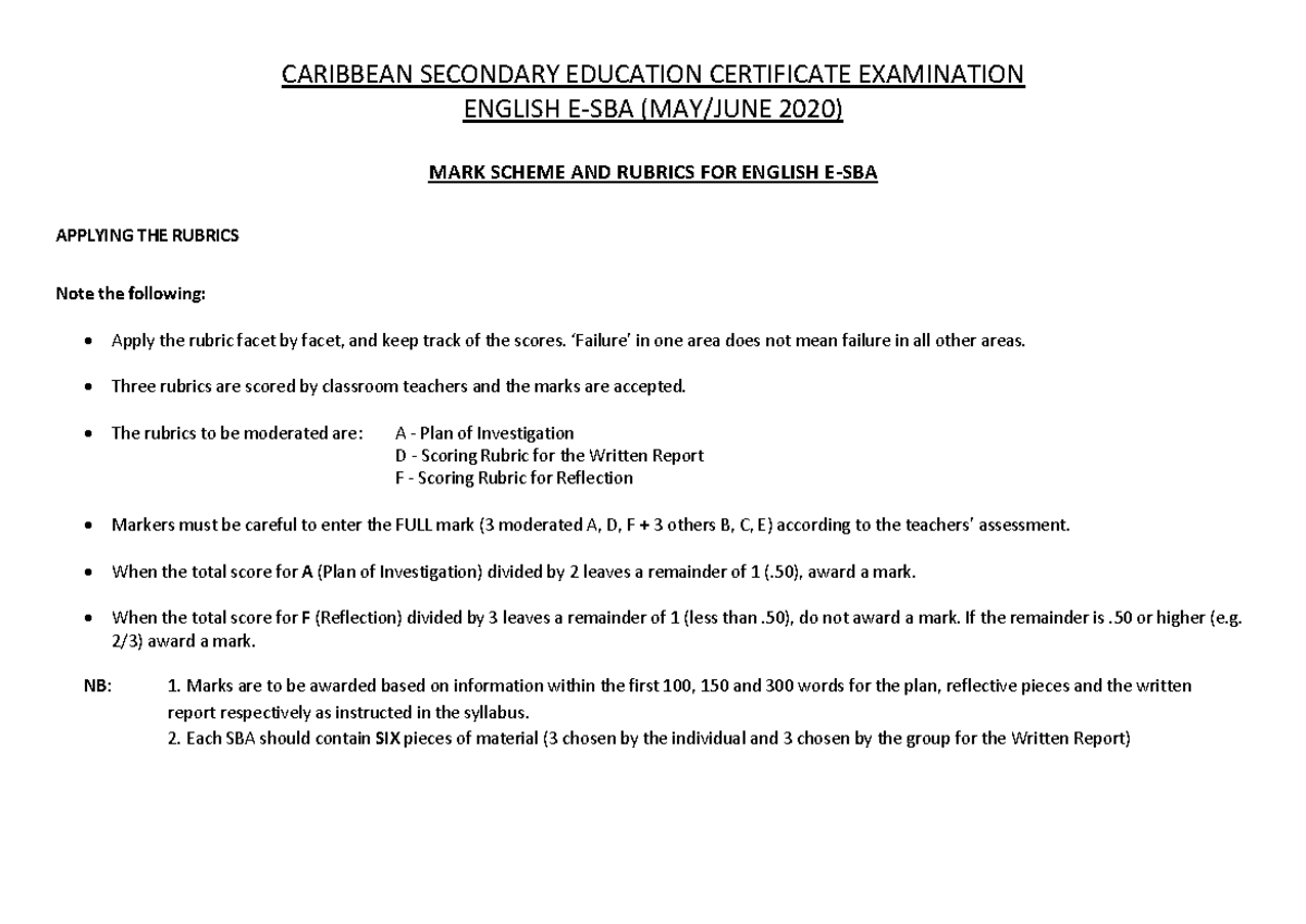 MARK Scheme & Rubrics for English E-SBA 20 (May/June 2020) - Studocu