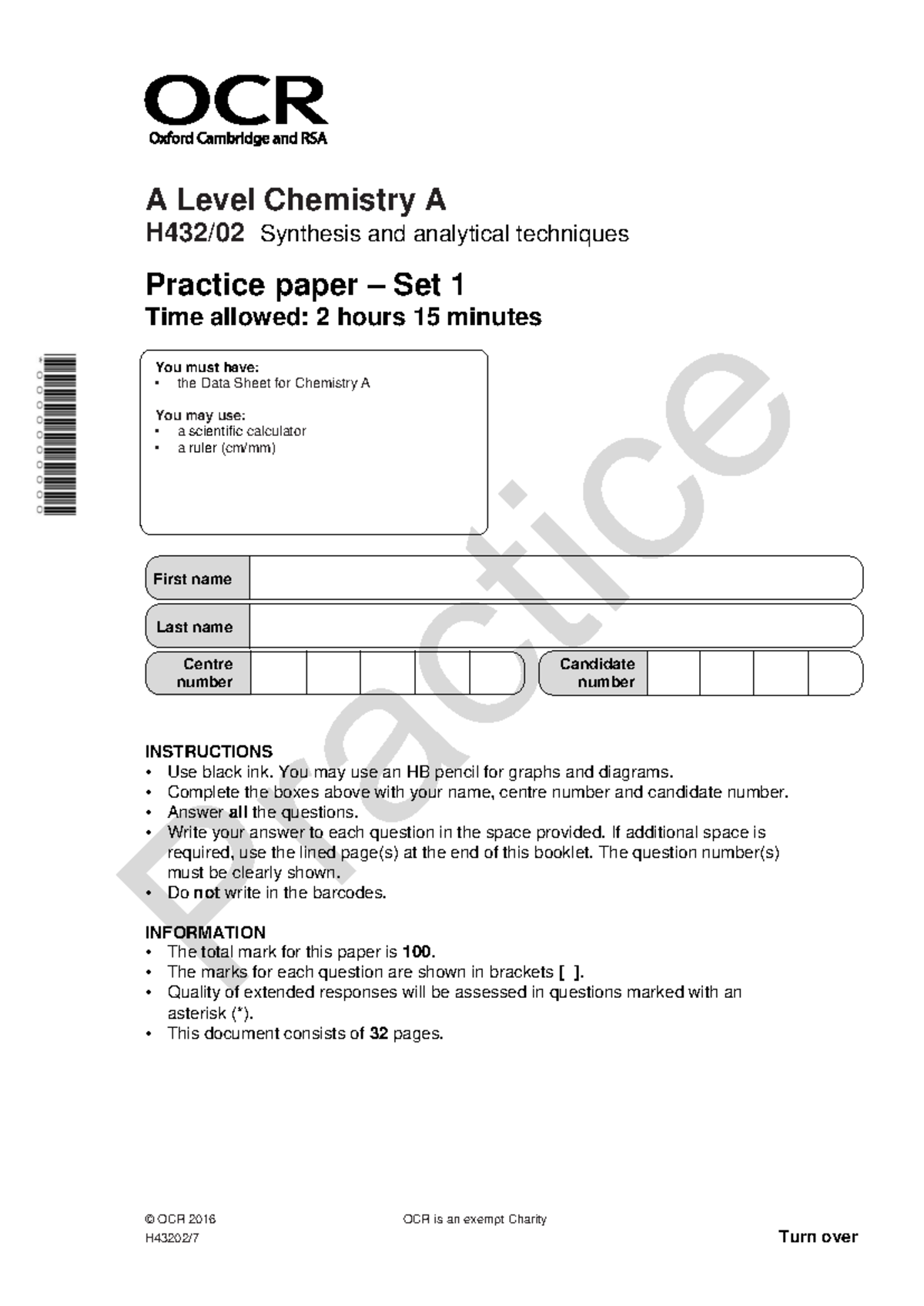 H432/02 A Level Chemistry Practice Paper Set 1 - Studocu