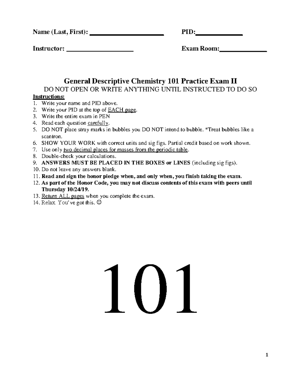 Practice Exam II for General Descriptive Chemistry 101 FA21 - Studocu