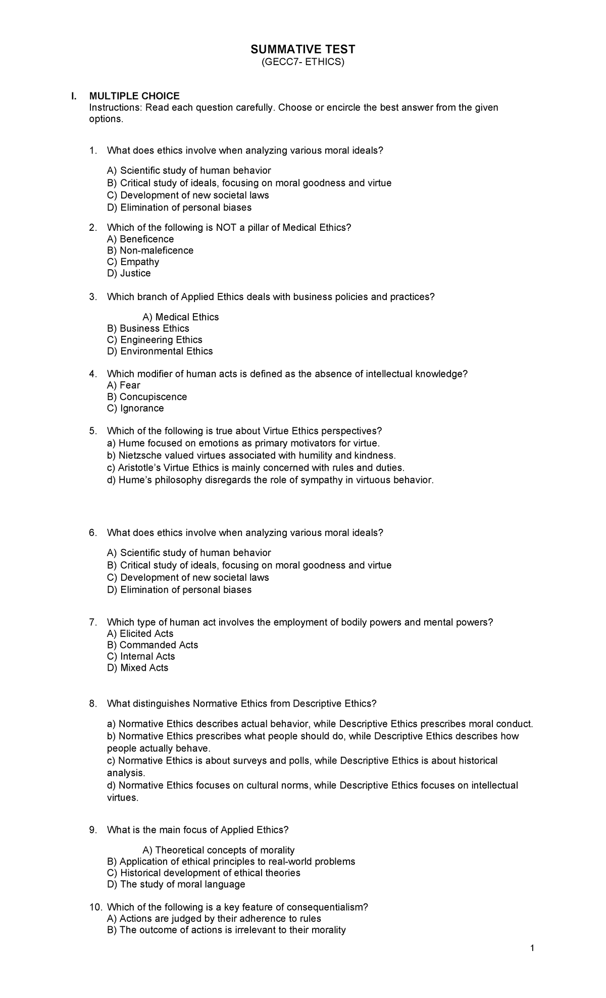 Summative Test - Ethics (GECC7): Multiple Choice Questions - Studocu