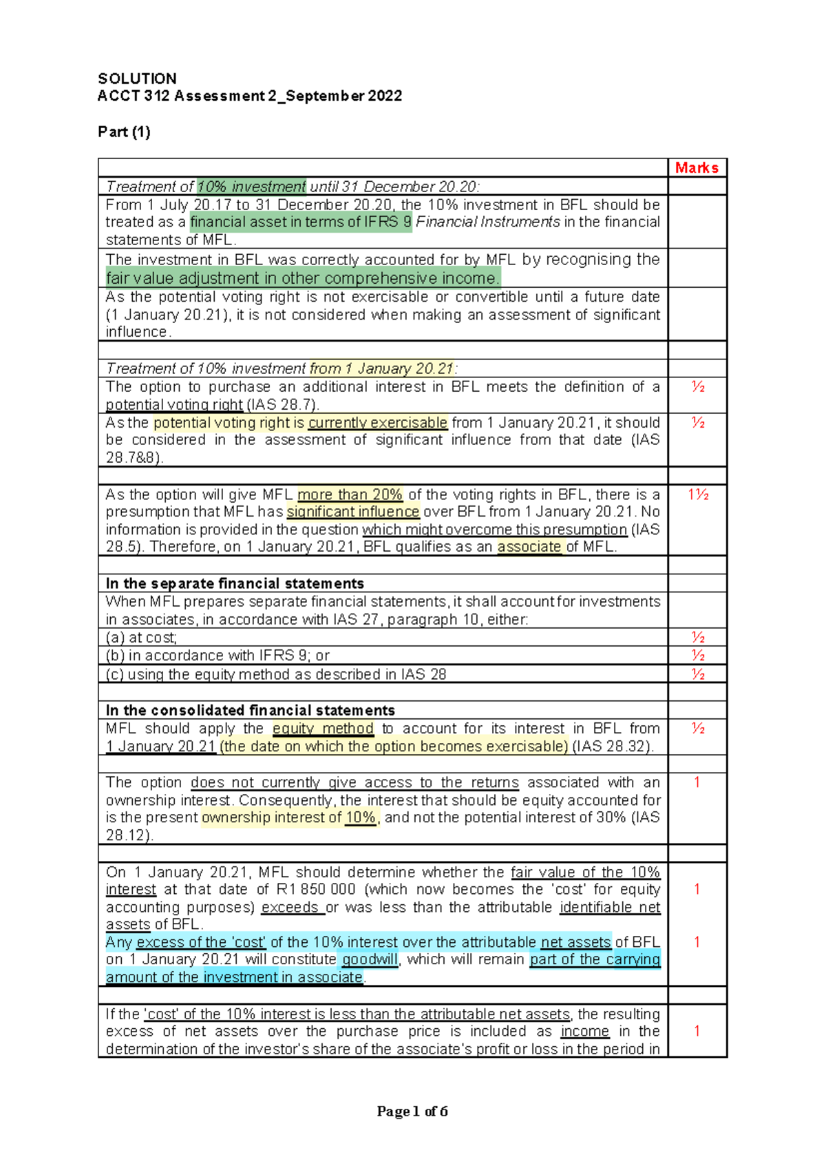 ACCT 312 Assessment 2 Solution - Treatment of Investment in BFL - Studocu