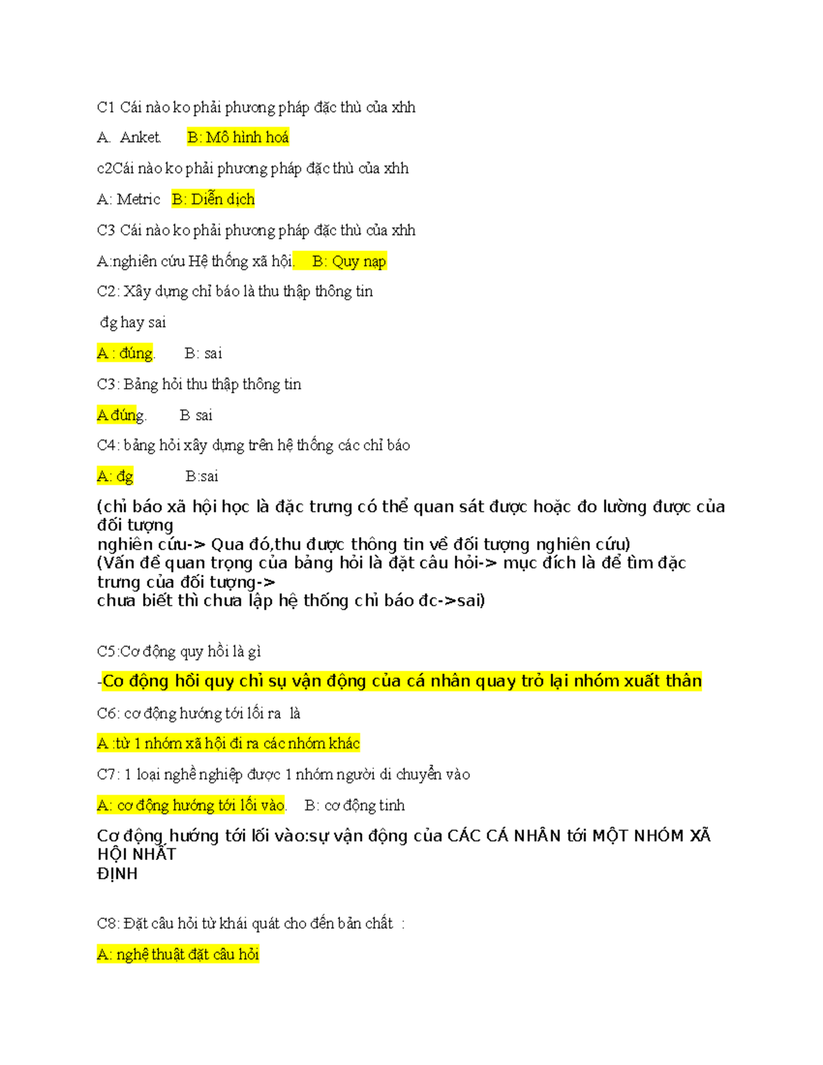 Xhh thu phuong 5 - đầy đủ tn môn xhh - C1 Cái nào ko phải phương pháp đặc thù của xhh A. Anket ...