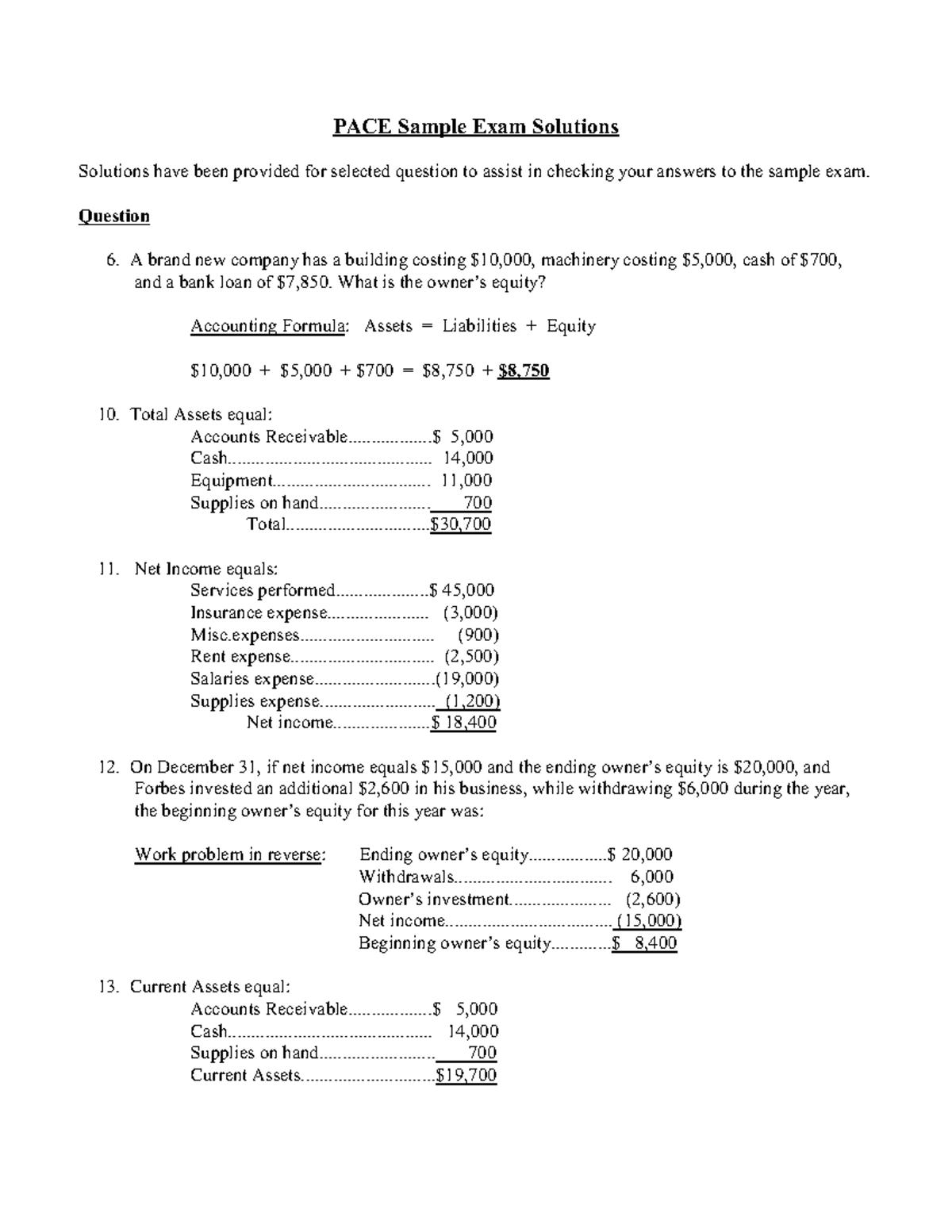 PACE Sample Exam Solutions: Accounting Concepts & Calculations - Studocu