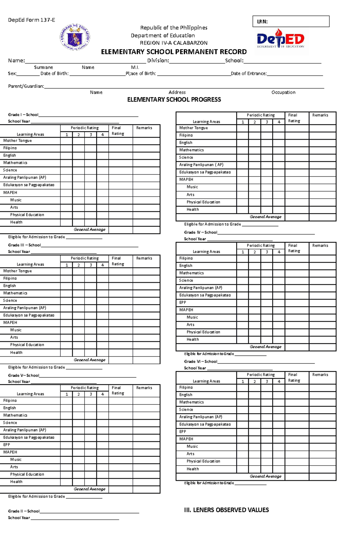 DepEd Form 137-E: Elementary School Permanent Record Document - Studocu