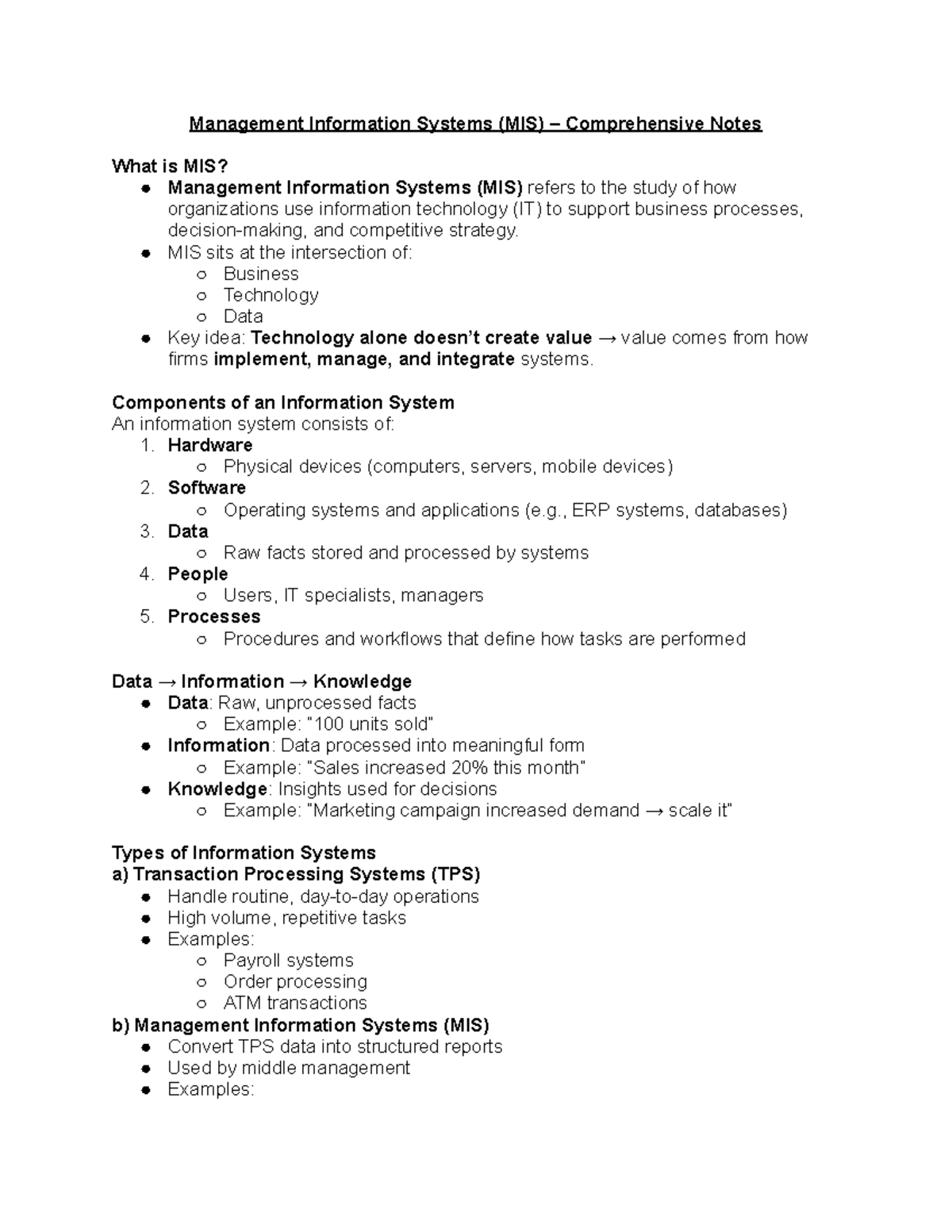 MIS Comprehensive Notes: Understanding Management Information Systems ...