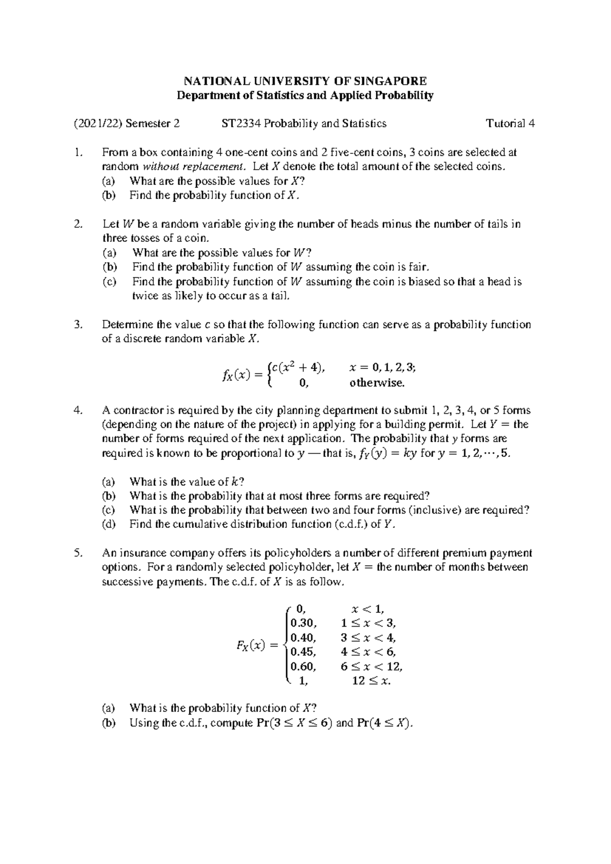 ST2334 tutorial 4 - NATIONAL UNIVERSITY OF SINGAPORE Department of ...