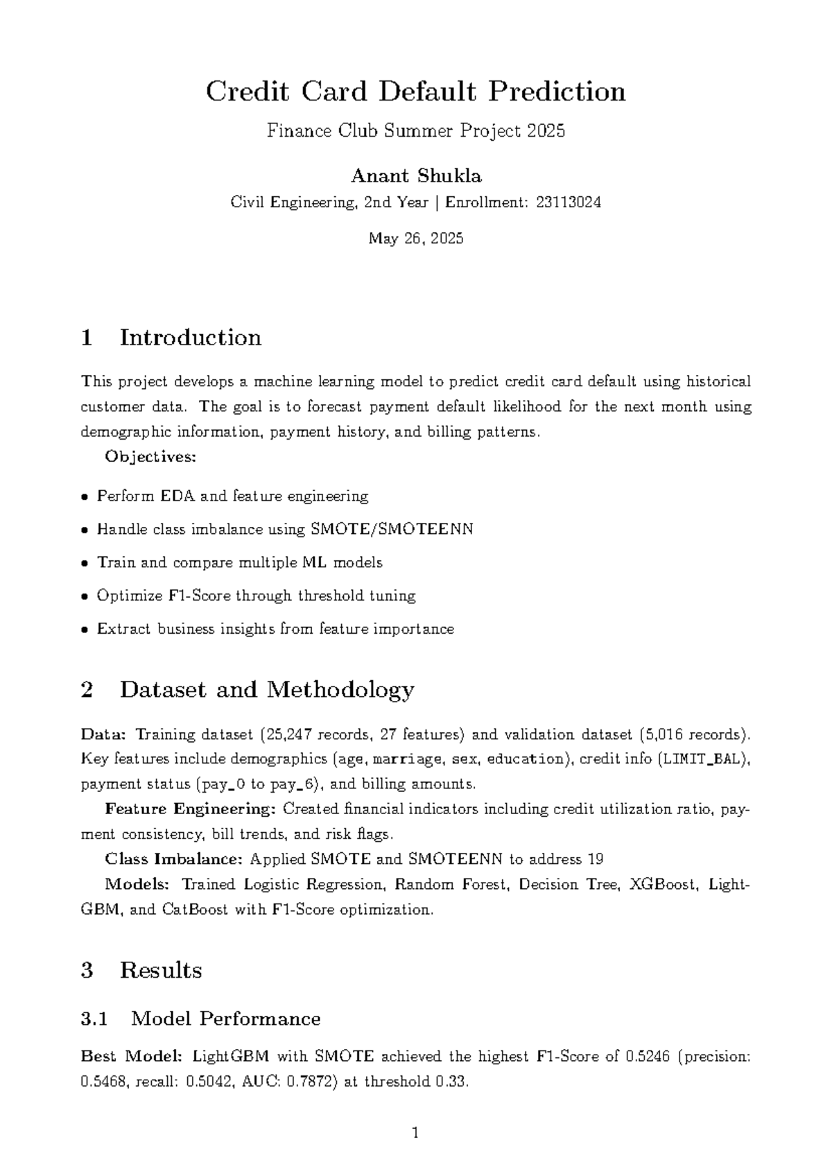 Credit Card Default Prediction Project (Finance Club 2025) - Studocu