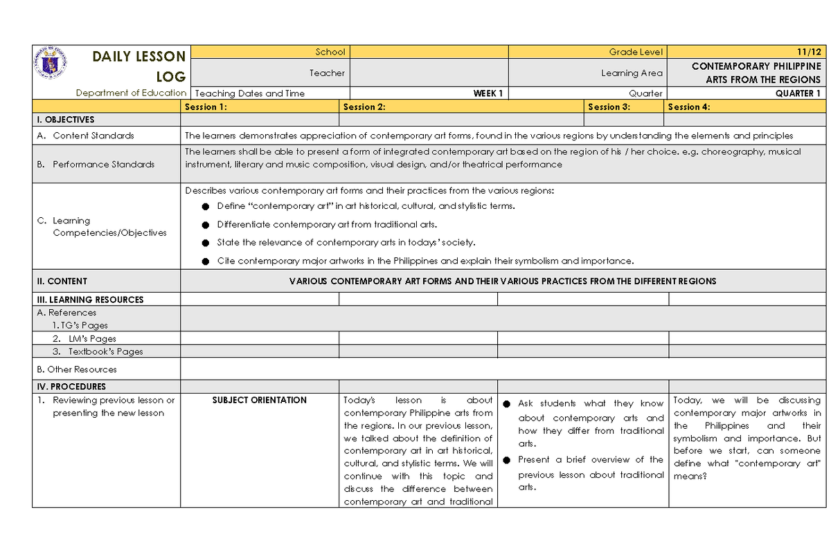 CPAR Q1 WEEK 1: Contemporary Philippine Arts Lesson Plan - Studocu