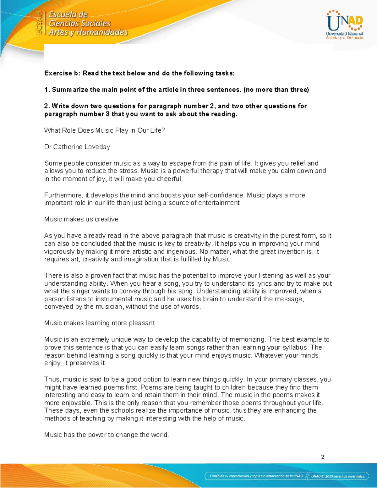 Assignment 2: The Role of Music in Our Lives - Summary & Questions ...