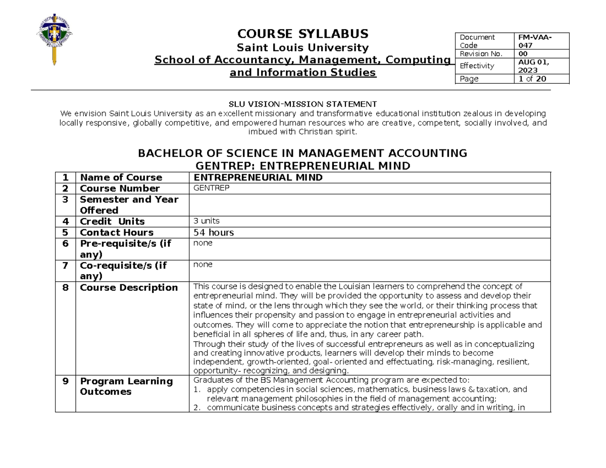 BSMA GENTREP: Entrepreneurial Mind Course Syllabus 2024 - Studocu
