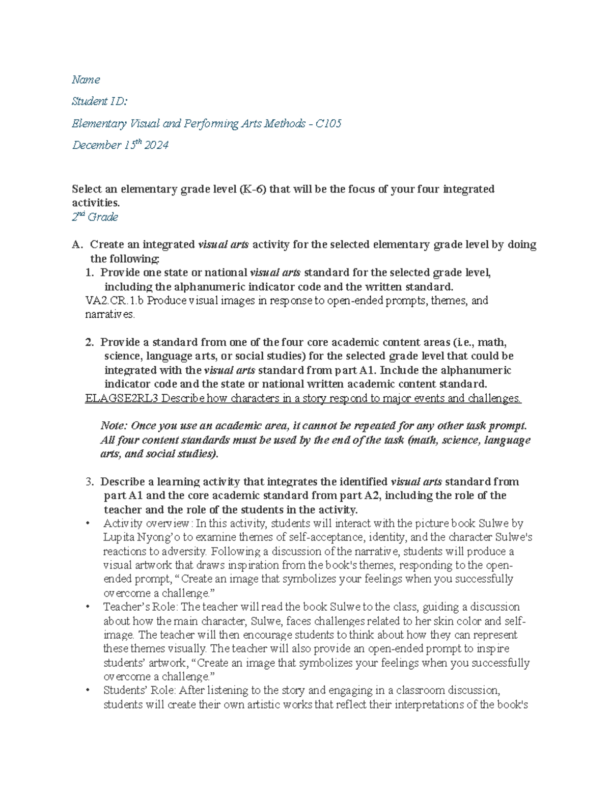 C105 Task 1: Integrated Visual, Performing Arts, and Music Activities ...