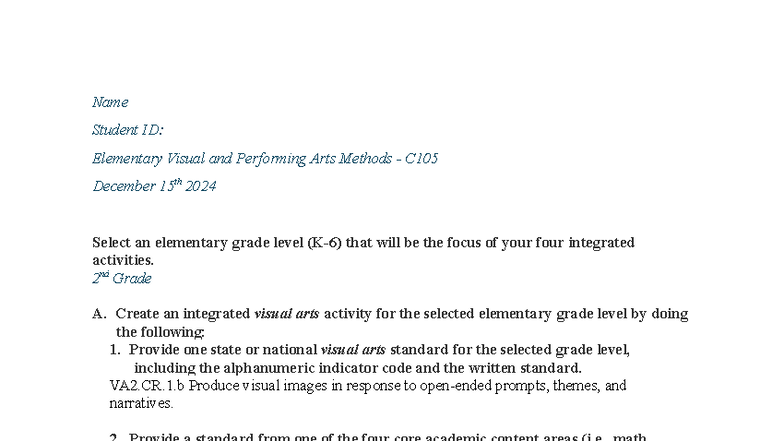 C105 Task 1: Integrated Visual, Performing Arts, and Music Activities ...