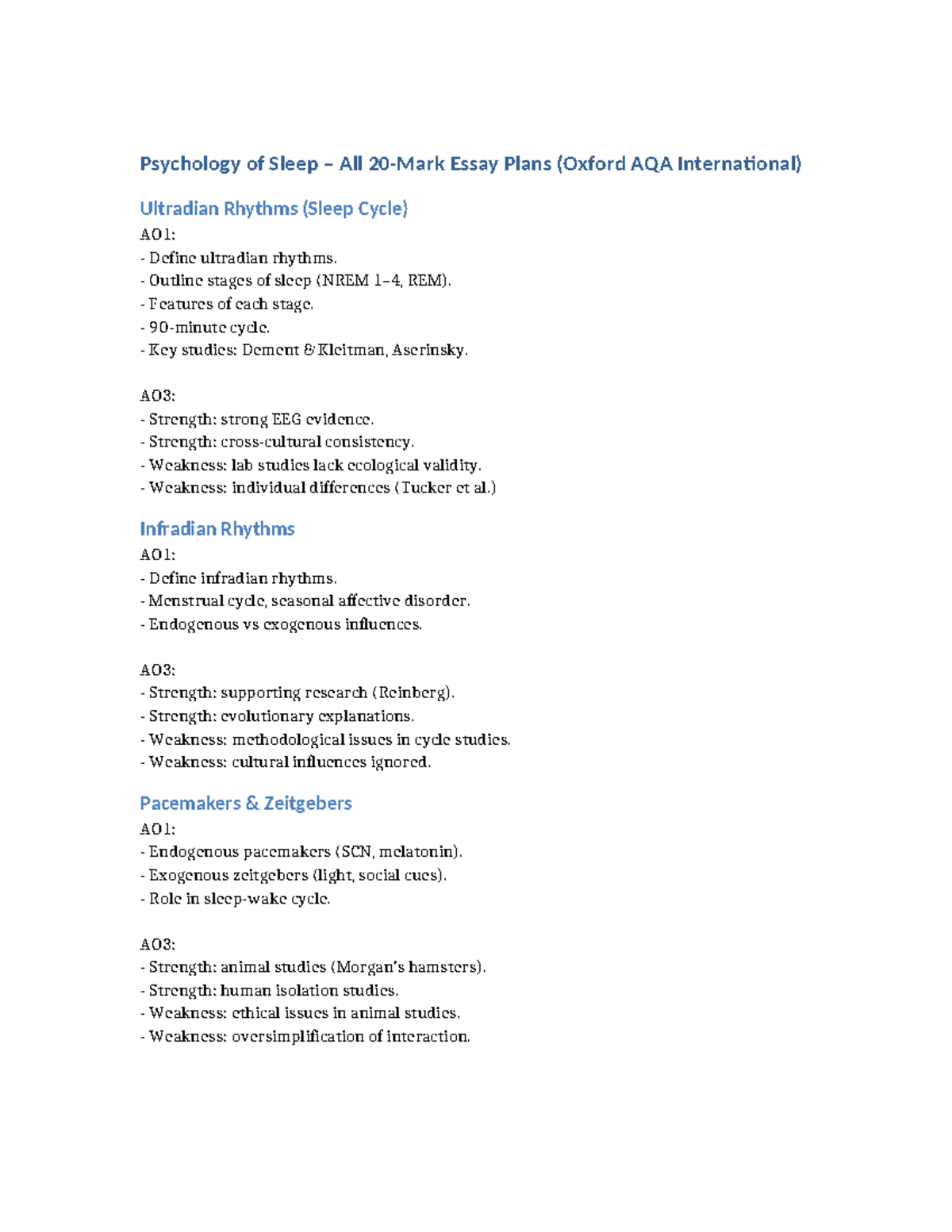 Psychology of Sleep: 20 Markers Essay Plans (Oxford AQA Int) - Studocu