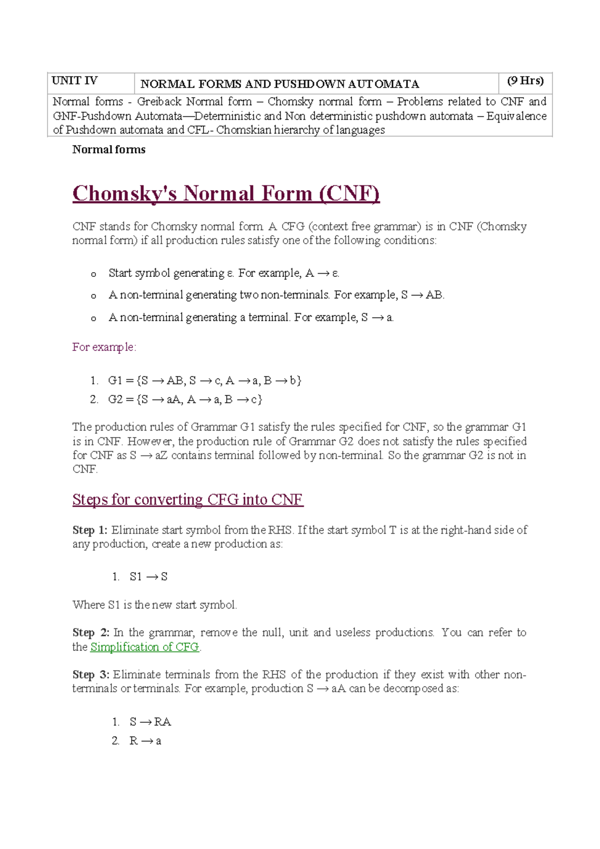 Theory of Computation: Normal Forms & Pushdown Automata Concepts - Studocu