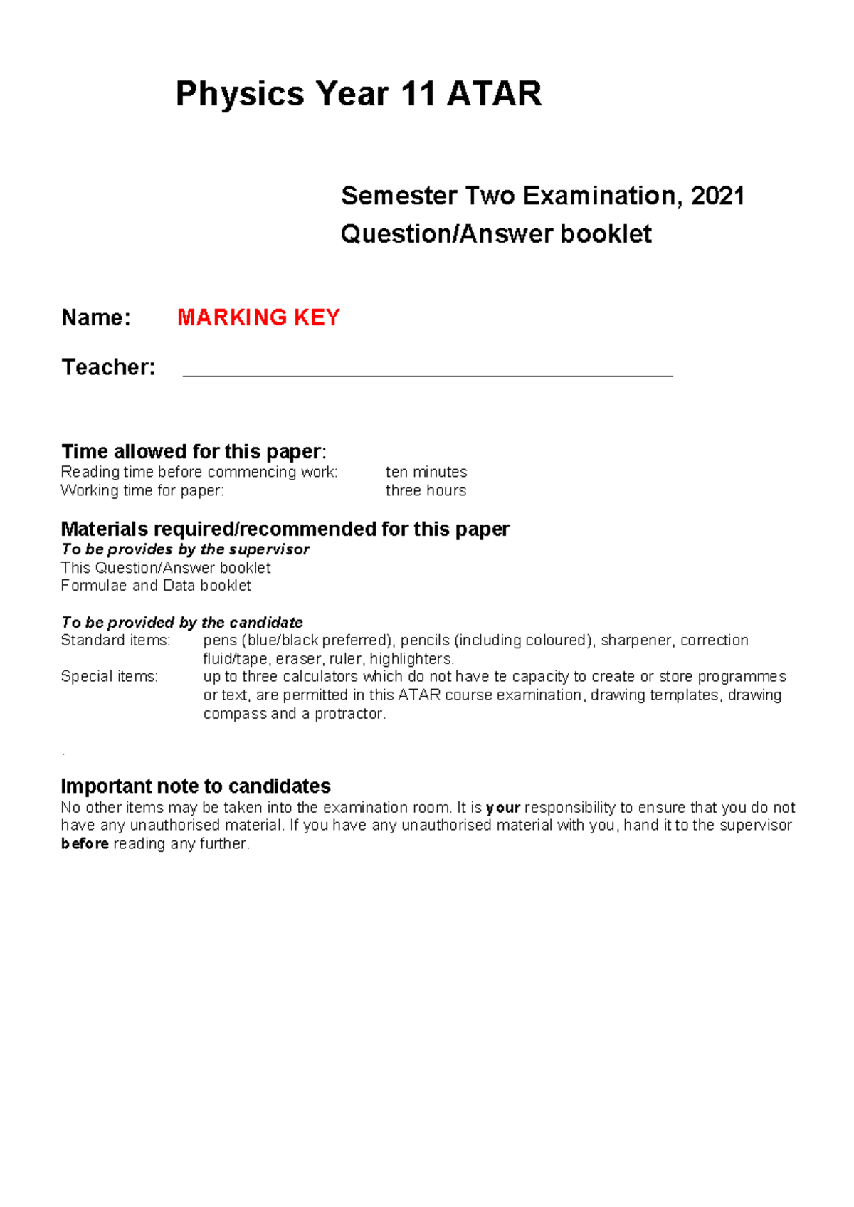 S2 Year 11 Physics ATAR Exam Marking Key 2021 - Studocu