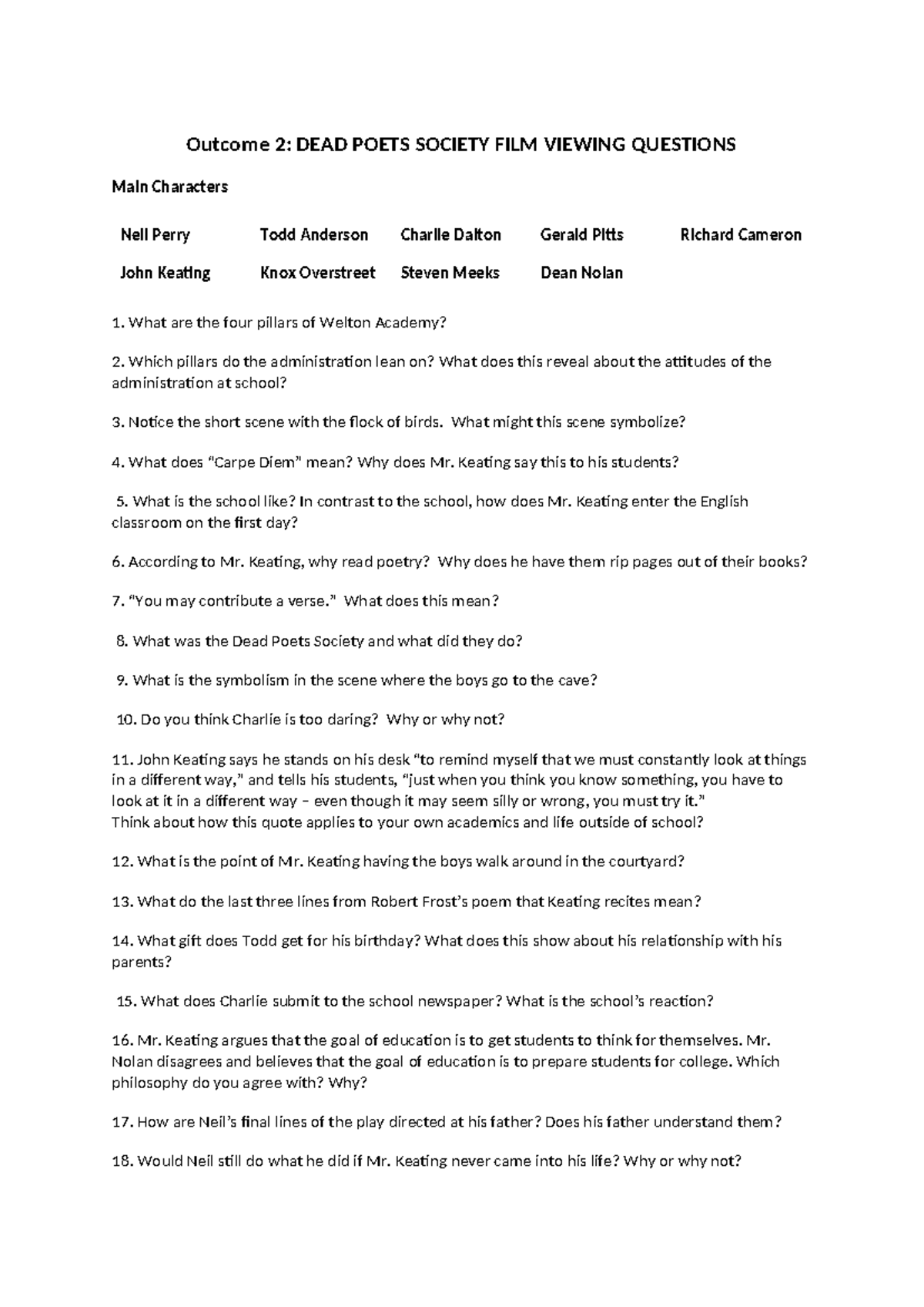 DEAD POETS SOCIETY (ENG 101): Film Viewing Questions & Analysis - Studocu