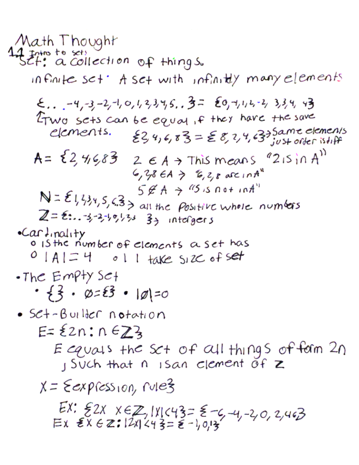 Math Thought - Lecture notes - Math Thought 1 Intro to sets set: a ...