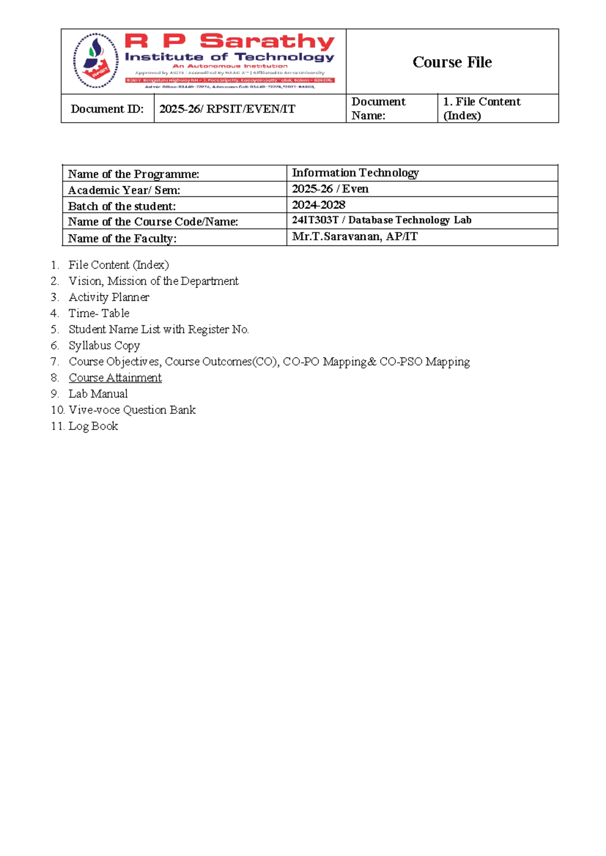24IT303P - Database Technology Lab Course File Overview - Studocu