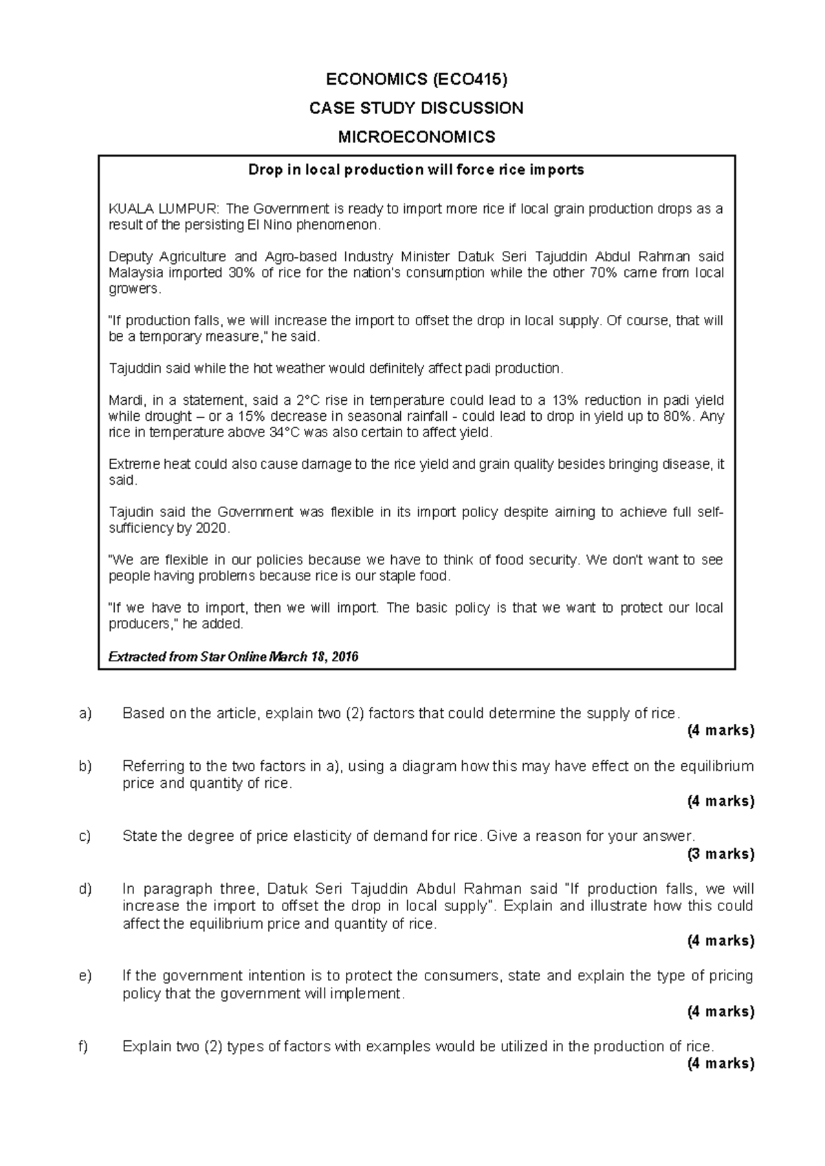 ECO415 Case Study: Impact of El Nino on Rice Supply and Prices - Studocu