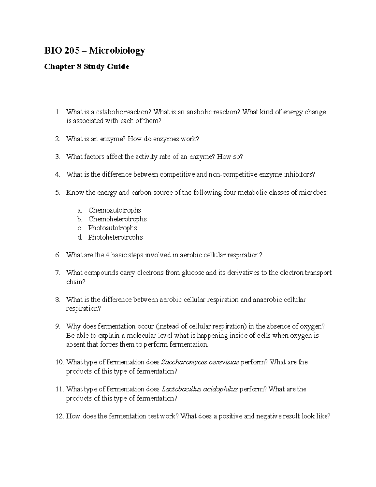 BIO 205 Microbiology Chapter 8 Study Guide: Metabolic Reactions ...