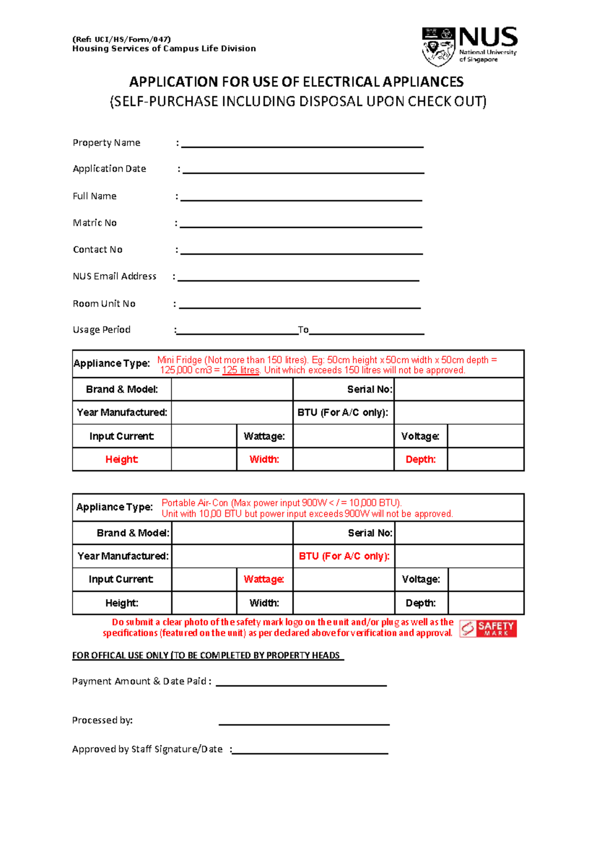 Application for Use of Electrical Appliances - Housing Services - Studocu