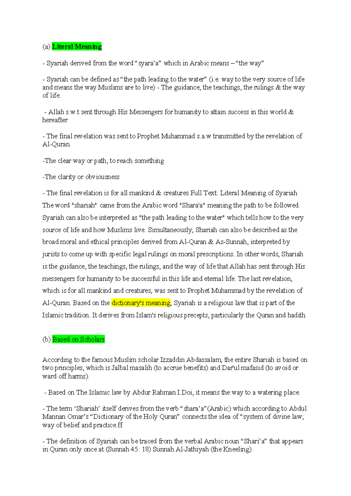 Syariah Law Tuto 1 - (a) Literal Meaning Syariah derived from the word ...