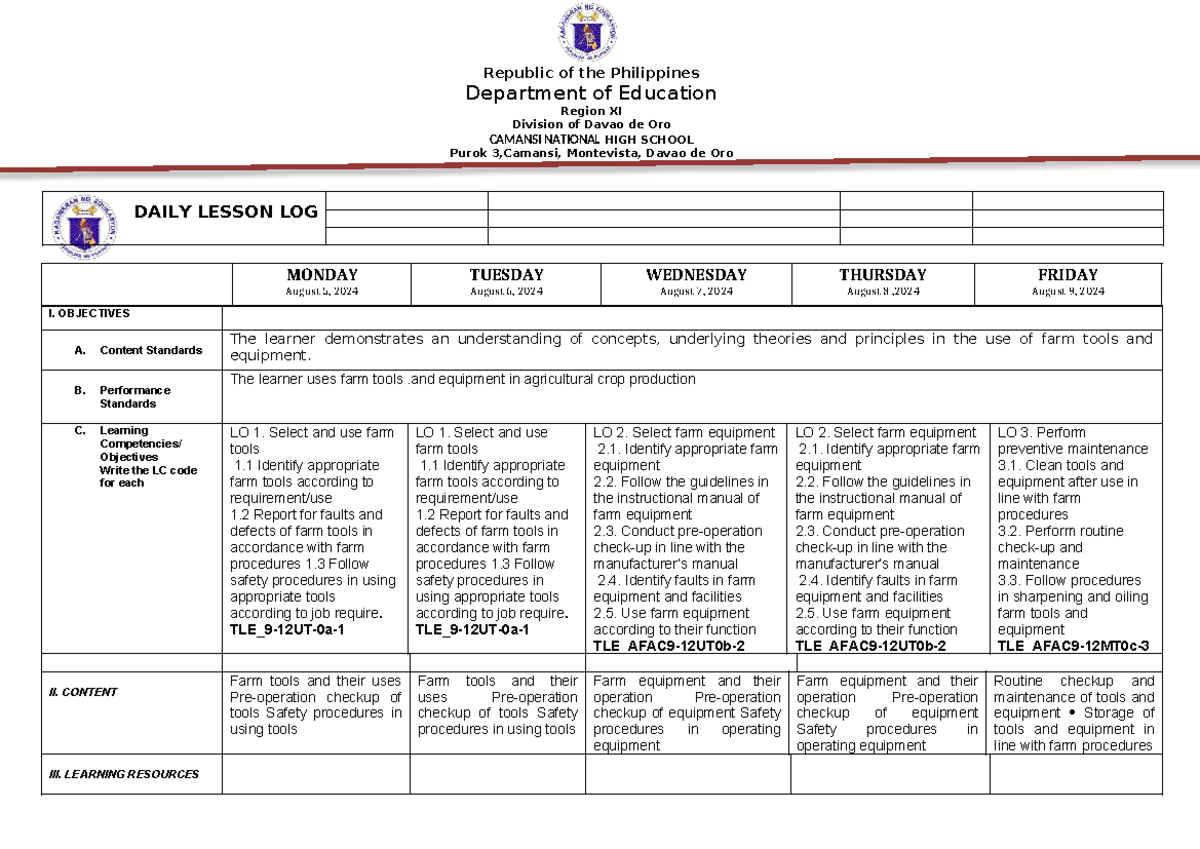 Daily Lesson Log (DLL) - Agricultural Crop Production (ACP) Week 2 - Studocu