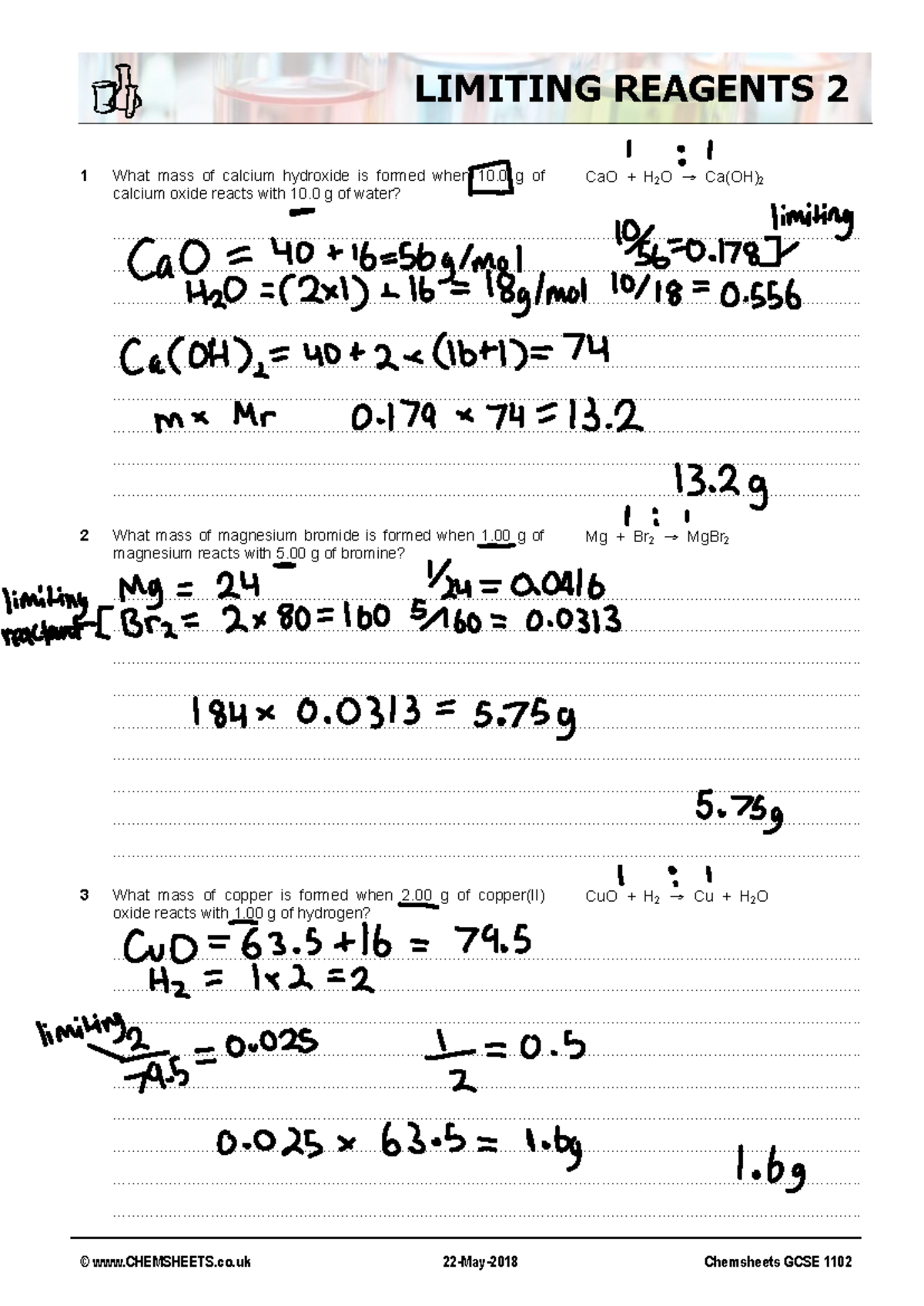 AQA GCSE CHEM - Limiting Reagents 2 Questions - Studocu