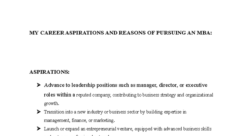 MBA Career Aspirations and Goals: Path to Leadership and Growth - Studocu