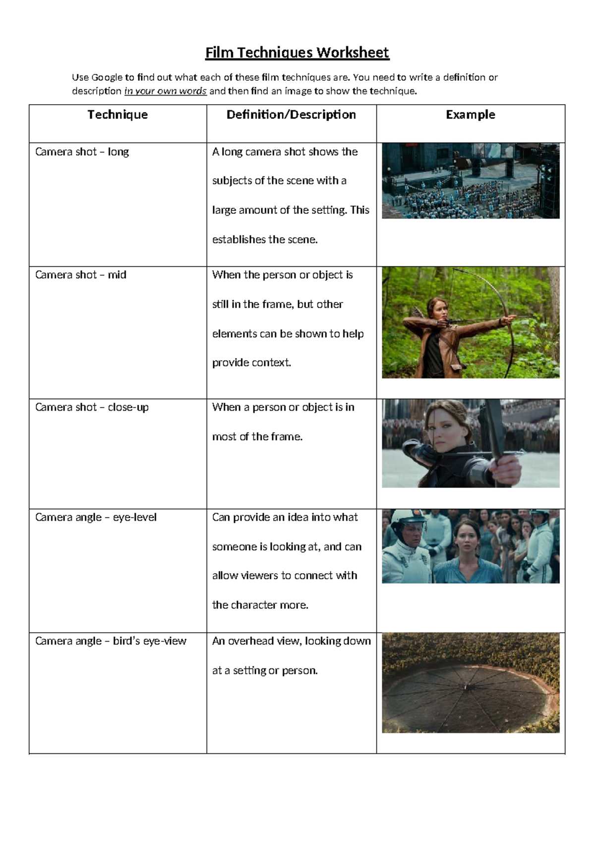 Film Techniques Definitions & Examples Worksheet - Studocu