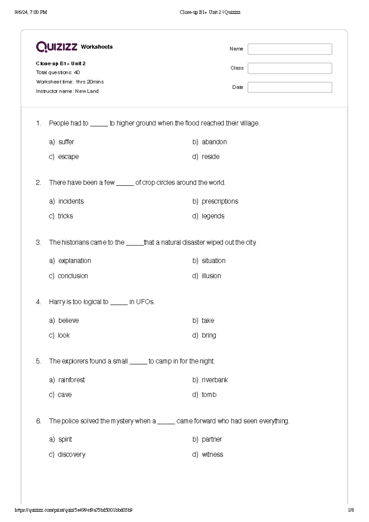 Close-up B1+ Unit 2 Quiz Worksheet with Answer Keys - Studocu