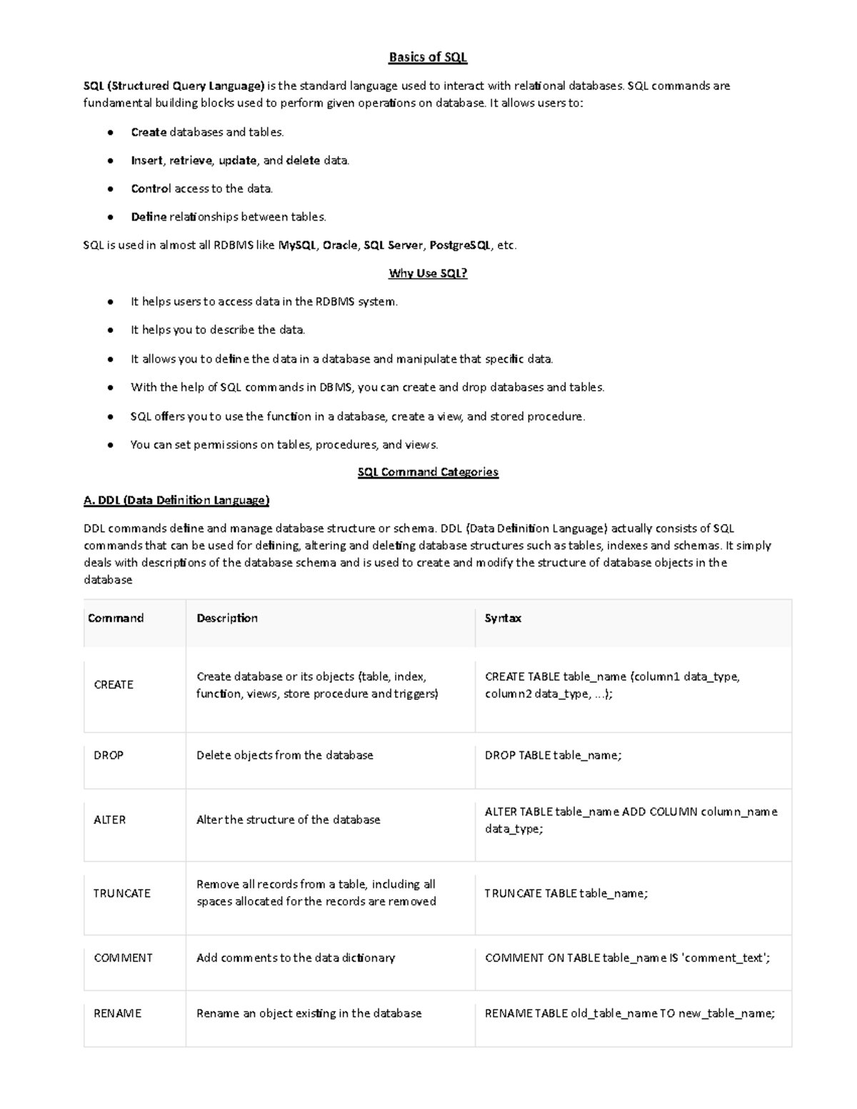 DBMS 101: Basics of SQL and Command Categories - Studocu