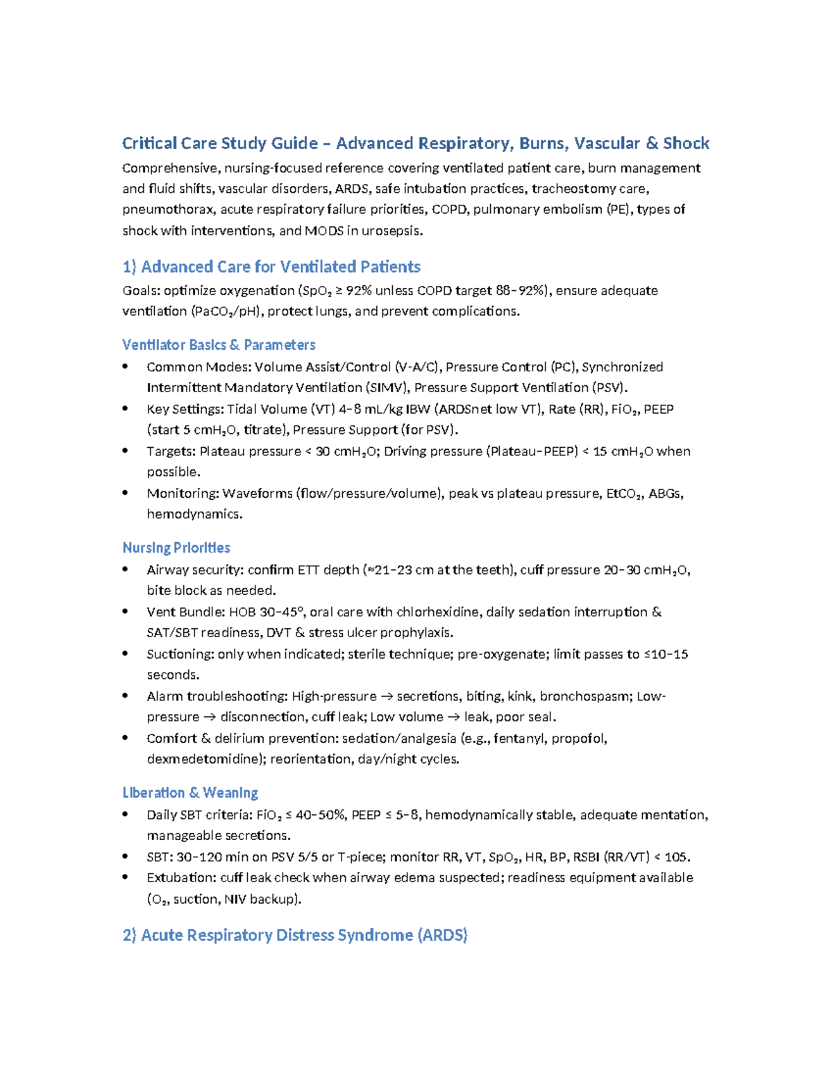 Critical Care Study Guide: Advanced Respiratory & Shock Management ...