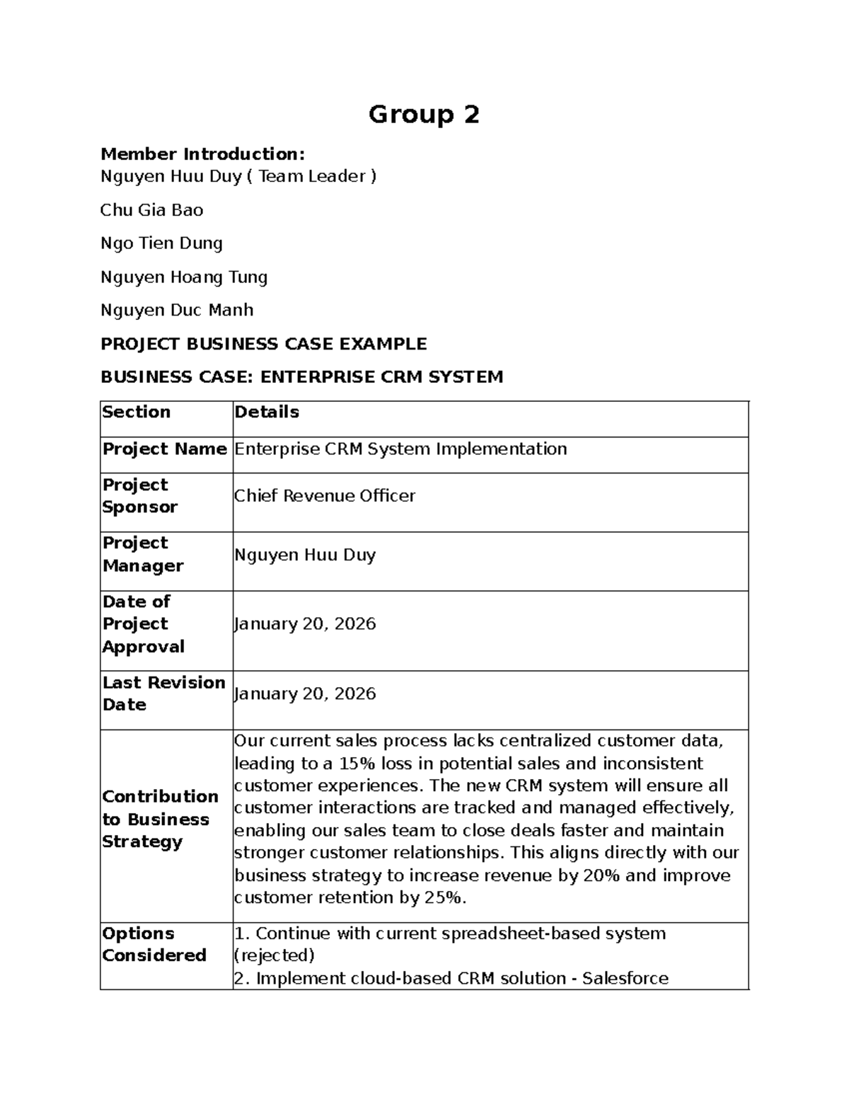 BUS 101: Business Case for Enterprise CRM System Implementation - Studocu